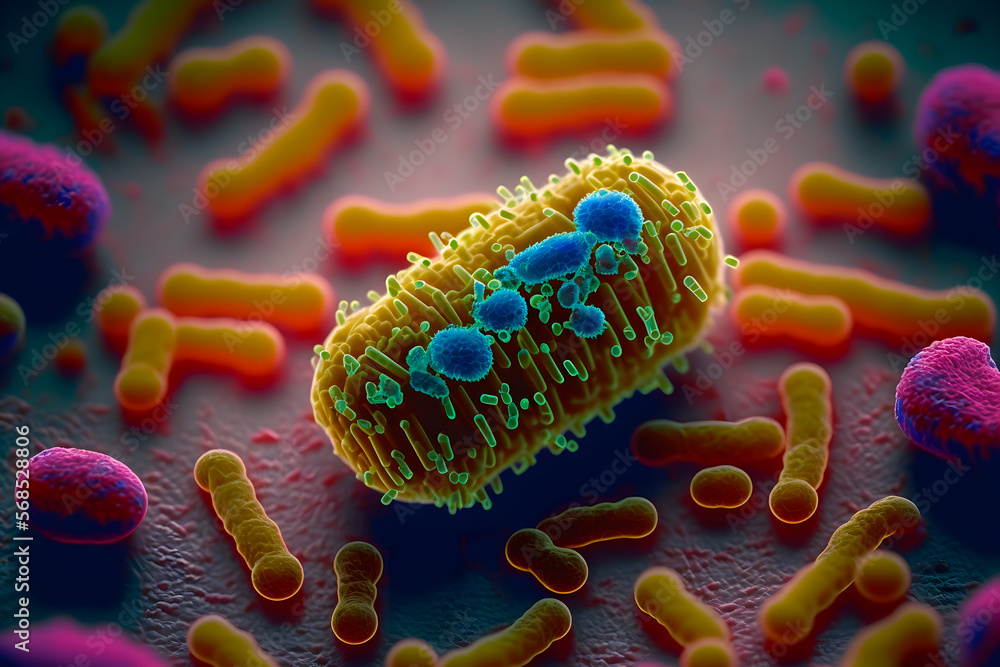 Realistic Large Cell Inside The Body Among Many Bacteria Enlarged Under