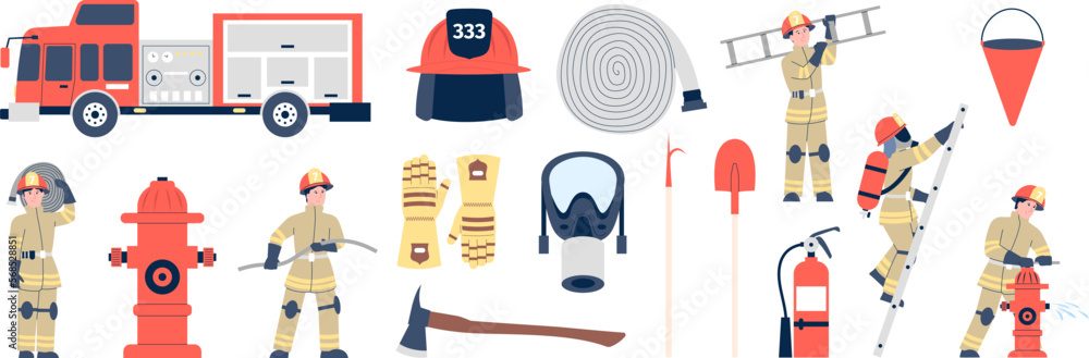 Flat firefighters and equipment, fireman character. Emergency ...