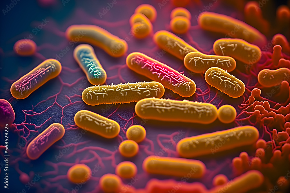 Many bacteria magnified by an electron microscope in the color visible ...