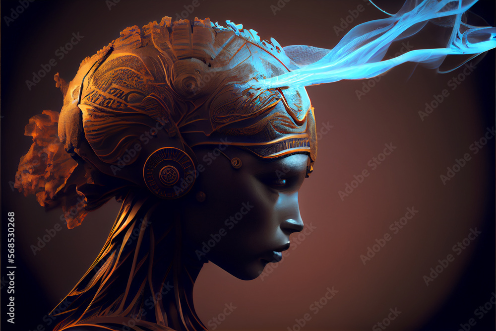 Cyborg woman head covered with golden and streaming, Fictional, non ...