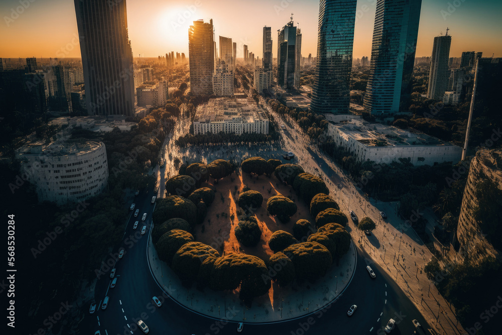 Drone image of Tel Aviv's city plaza with a landscape skyline. Israeli ...