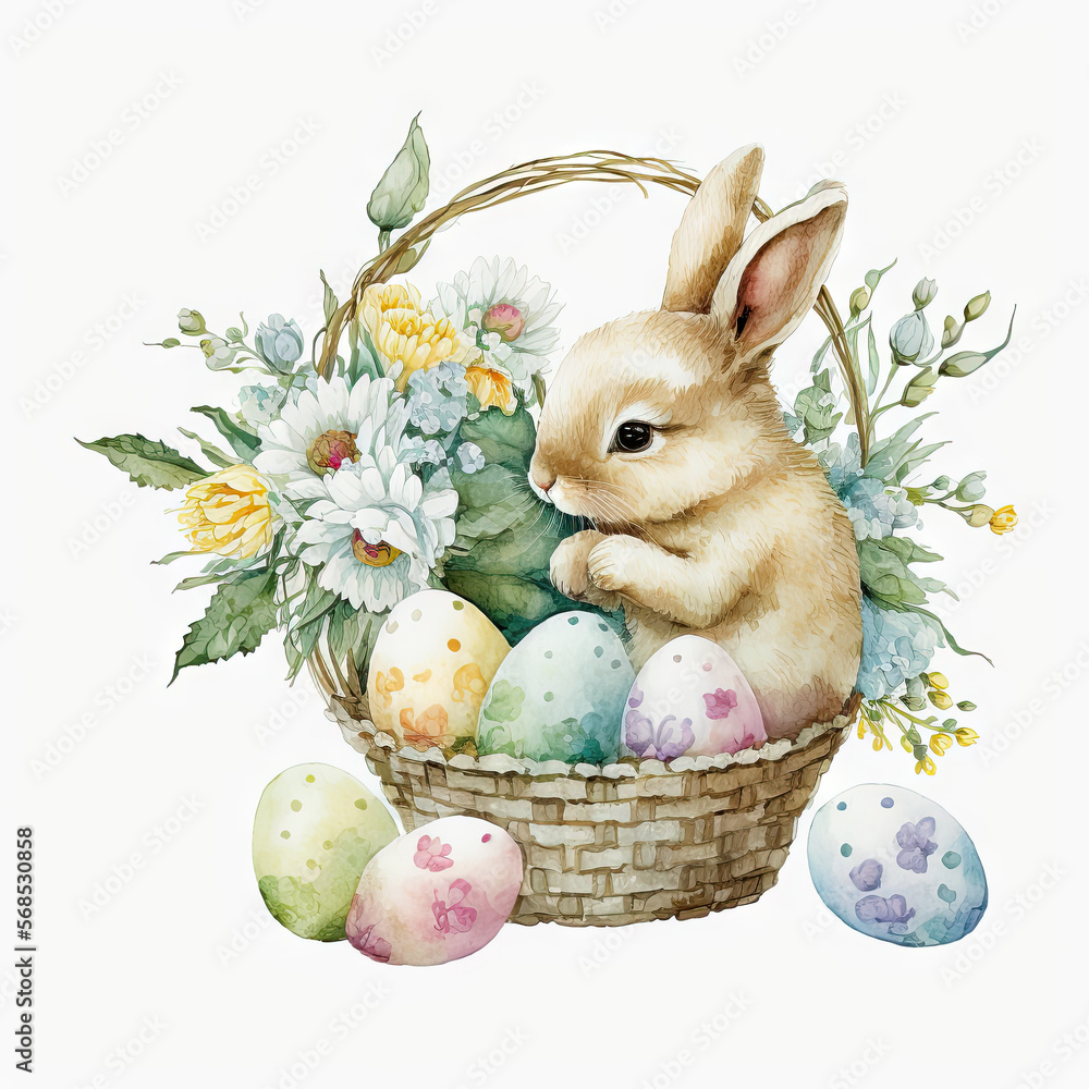 Happy Easter baby bunny in basket with spring flowers and colorful ...
