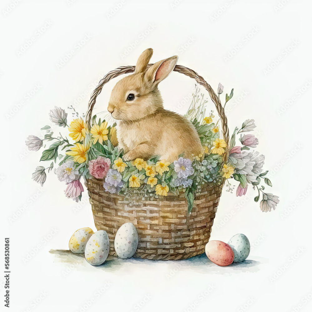 Happy Easter cute bunny in basket with spring flowers and Easter eggs ...