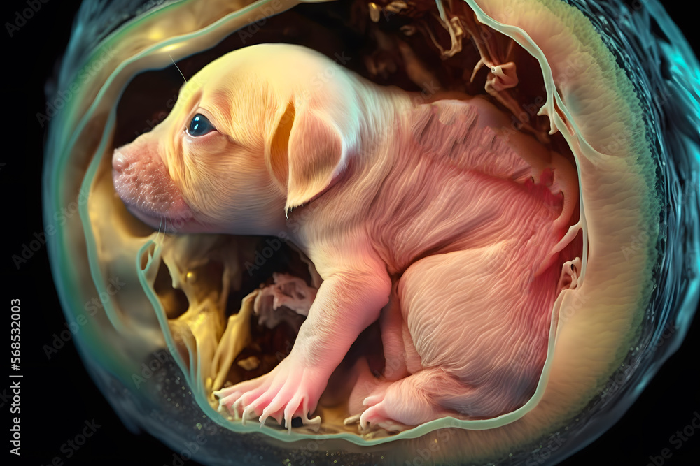 Dog puppy embryo in the placenta of the uterus of a female pet ...