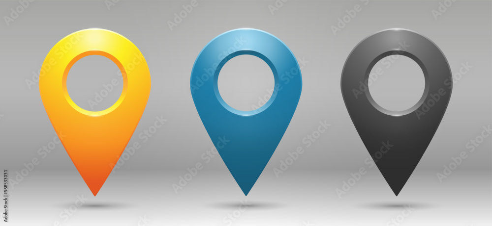 Realistic geolocation icons in yellow, blue and gray on a gradient ... Realistic geolocation icons in yellow, blue and gray on a gradient ...