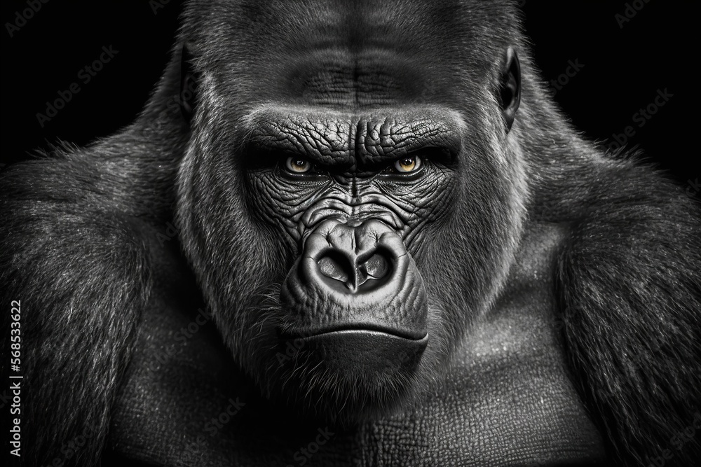 Portrait face powerful dominant male gorilla on black background ...