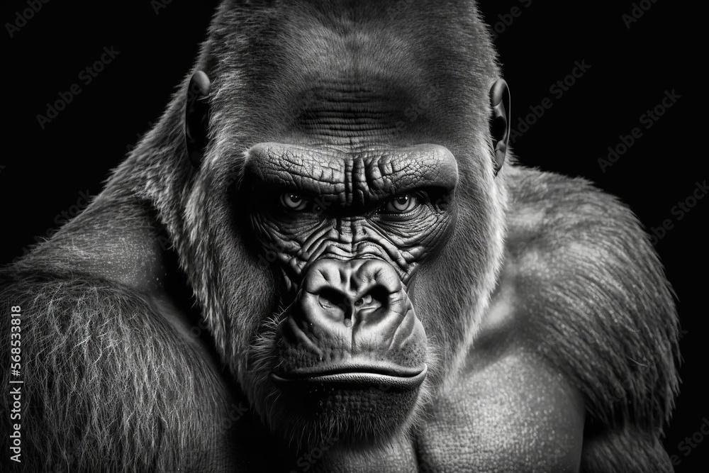 Portrait face powerful dominant male gorilla on black background ...
