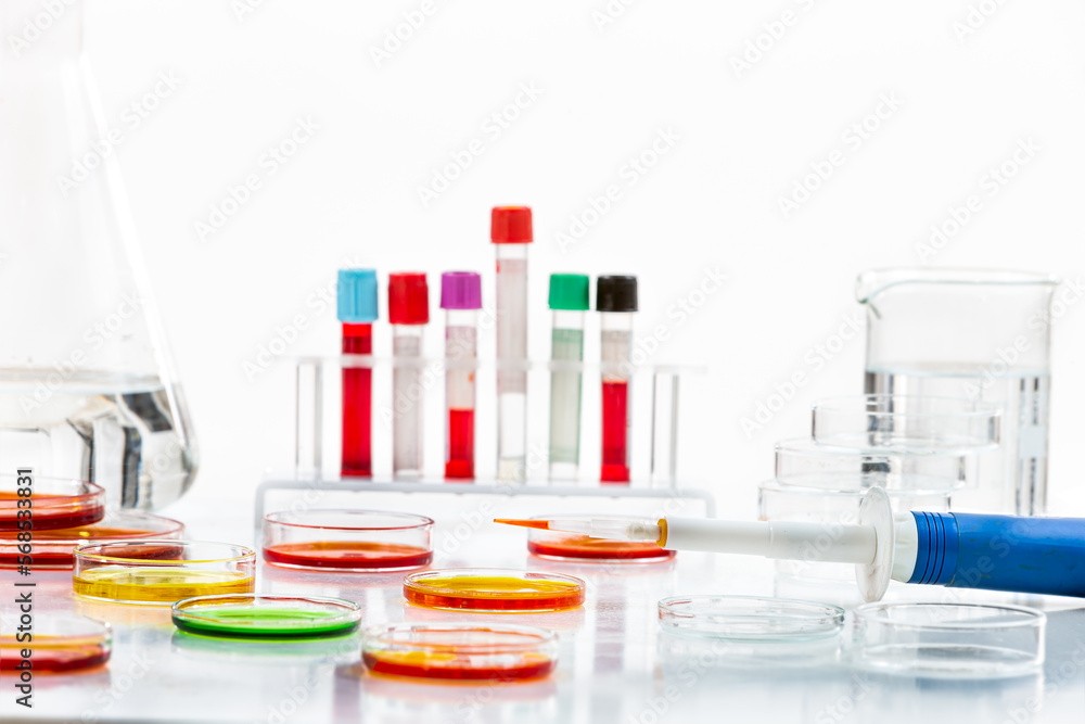 Research in laboratory analysis - Test tubes and Petri dishes with ...