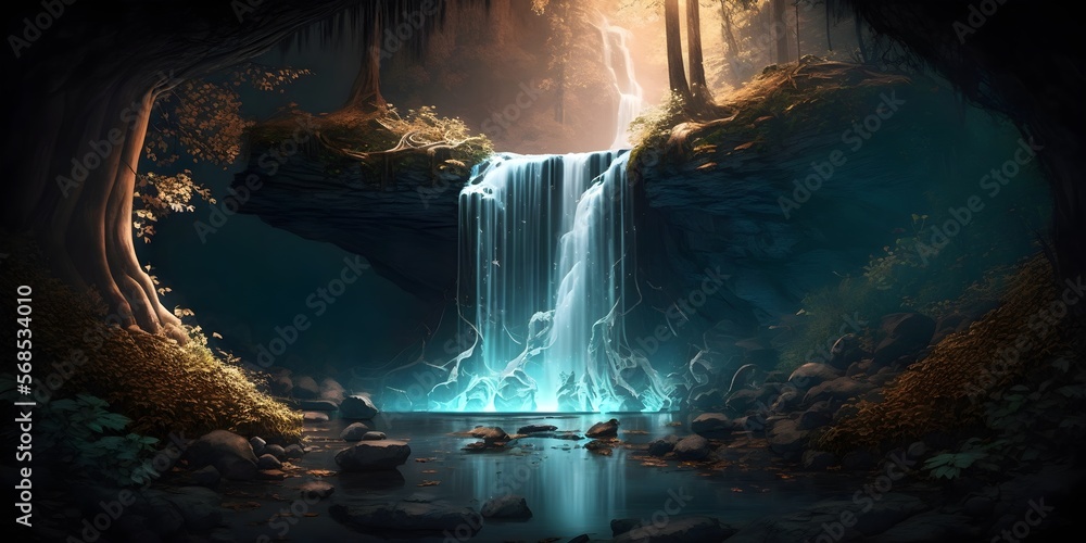 Beautiful waterfall descending into the depths of the forest Stock ...