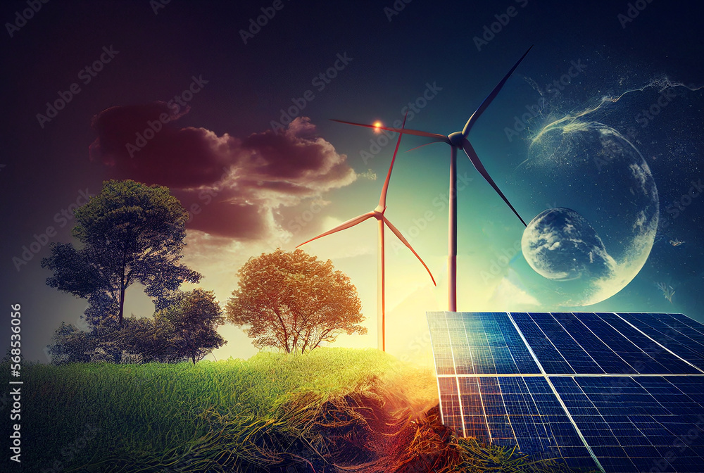 Ilustrace „Solar panel and Wind Turbine Generator. Solar energy from solar panels. Photovoltaic ...