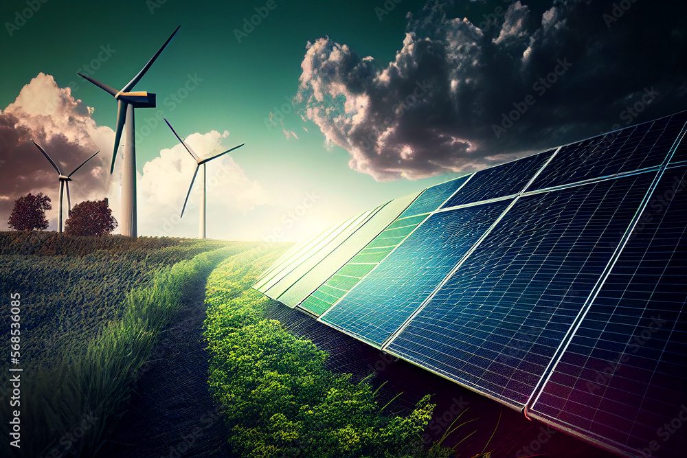 Solar panel and Wind Turbine Generator. Solar energy from solar panels ...