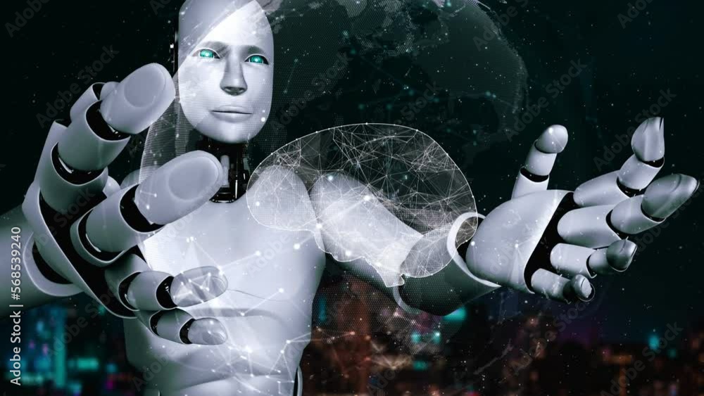 AI hominoid robot holding virtual hologram screen showing concept of AI ...