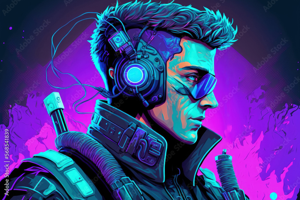 A portrait of a man sporting cyberpunk attire, including a headset. a ...