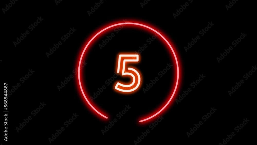 10 seconds red color neon light countdown timer on black background ...