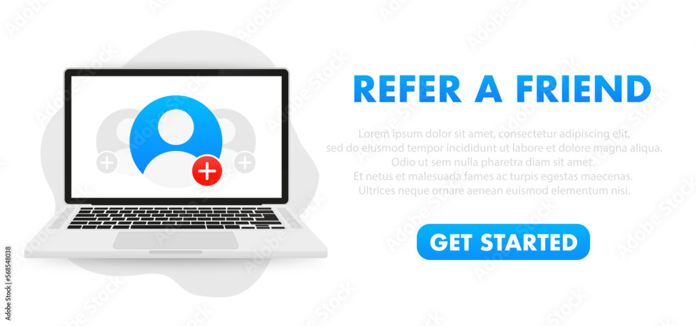 Reffer a friend banner vector design on laptop. Refferal system ...