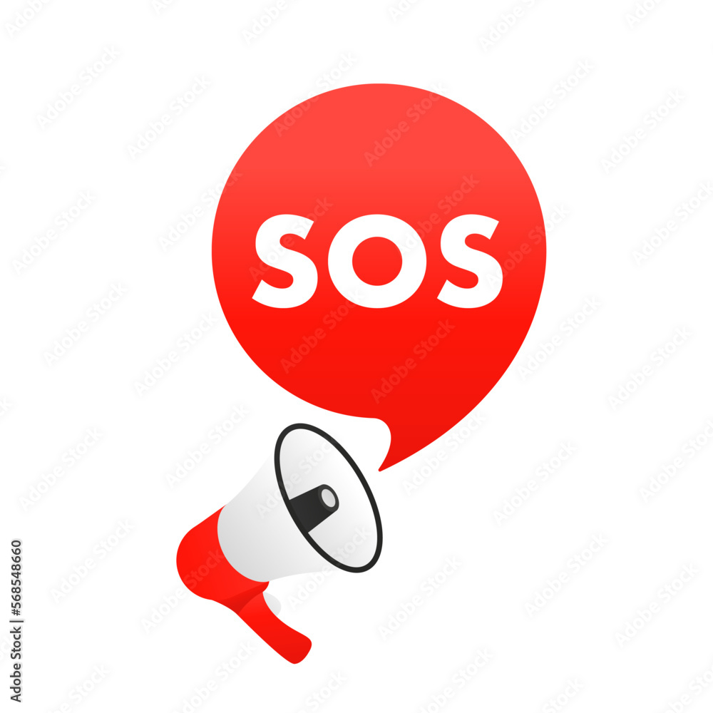 Megaphone sos. SOS marker, sign, icon, label. Speech vector icon bubble ...