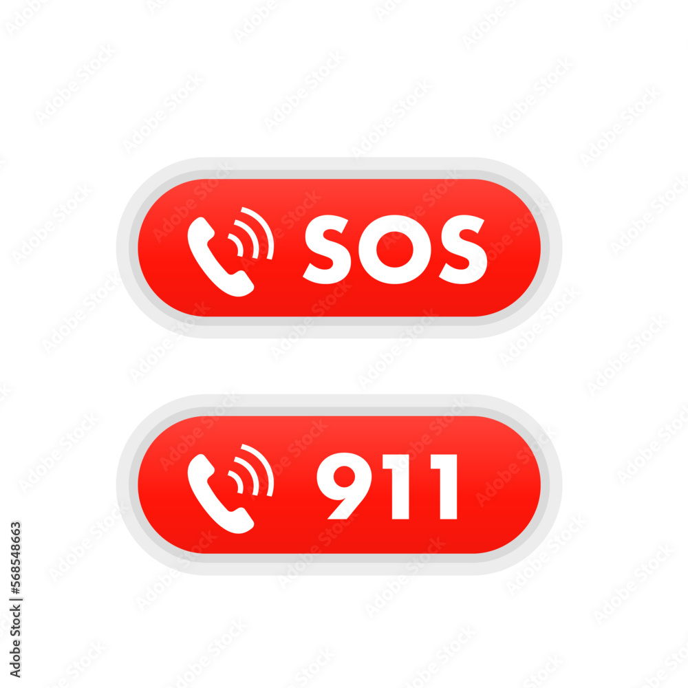 Sos red round flat isolated push button. SOS marker, sign, icon, label ...