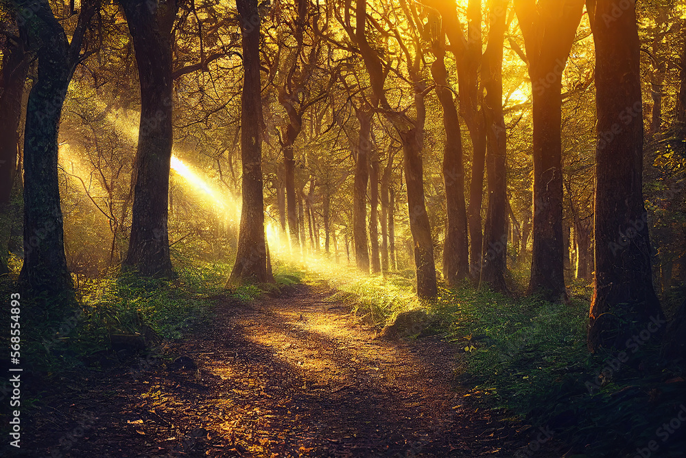 Beautiful rays of sunlight in a green forest, secret trail fairytale ...