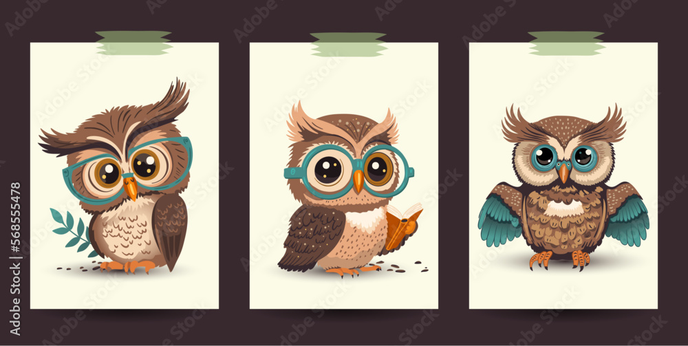 Cute cartoon owl vector card set. Poster learning wisdom smart studying ...