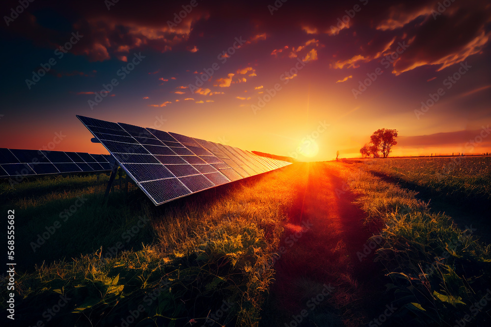 Solar panels in green field on sunset. Solar energy from solar panels ...
