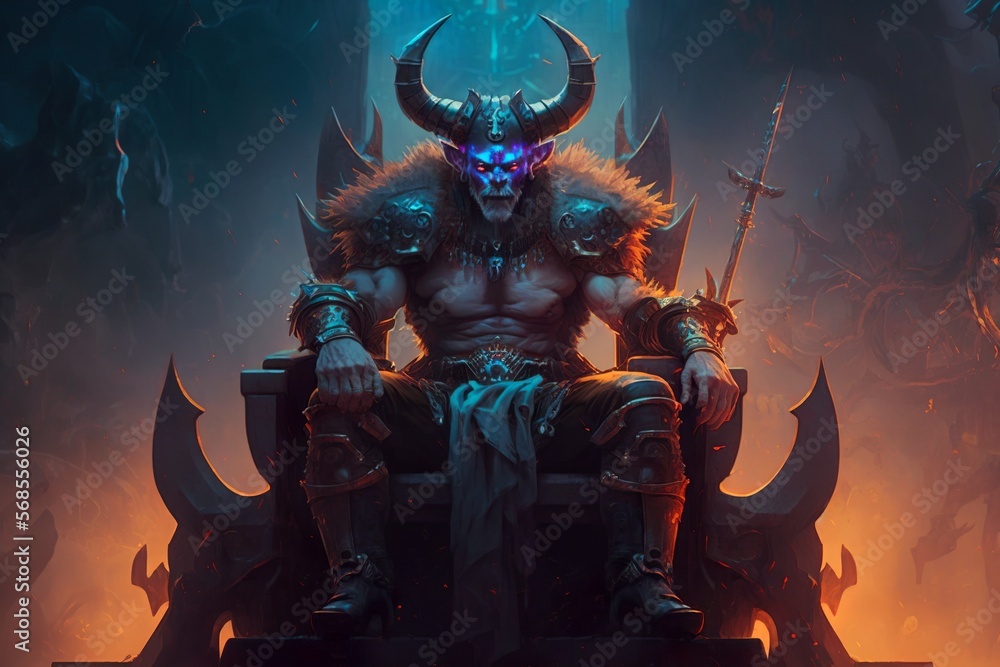 Dark horned mythological demon lord sitting on the throne of the ...