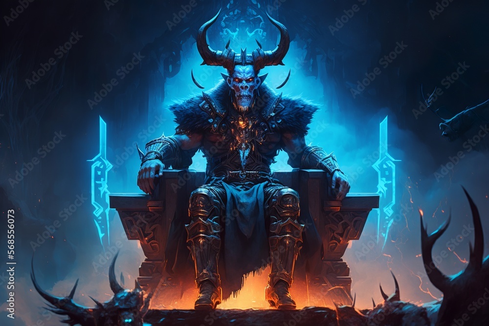 Dark horned mythological demon lord sitting on the throne of the ...