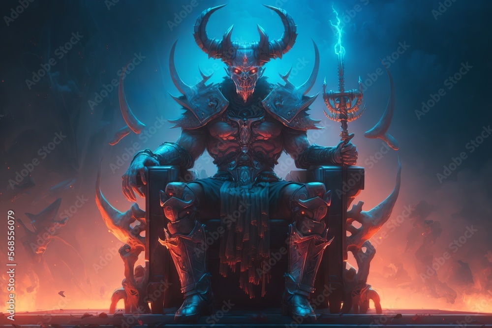 Dark horned mythological demon lord with scepter sitting on the throne ...
