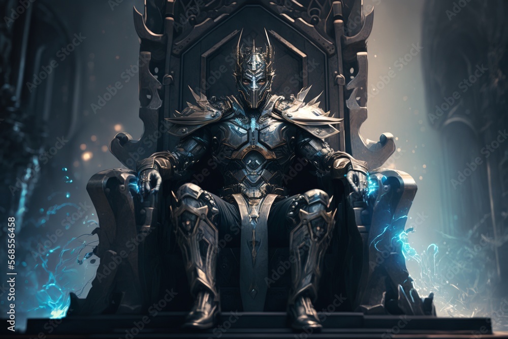 Majestic king in futuristic full body plate armor sitting on a throne and commanding authority ...