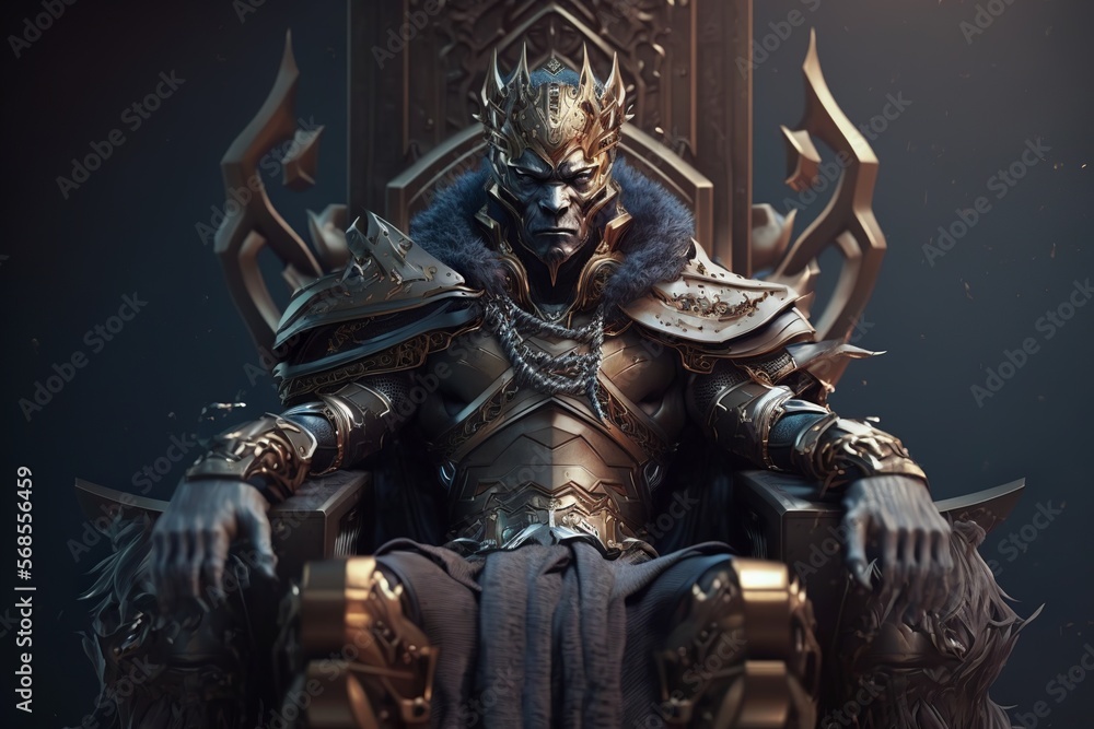 Majestic king in full body plate armor and bronze facemask sitting on a throne and commanding ...