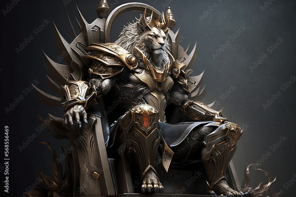 Majestic lion king in full body plate armor sitting on a throne and commanding authority just ...