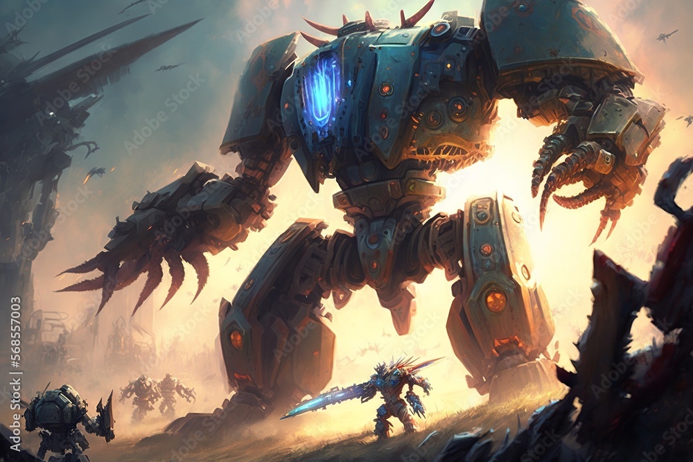 Colossal futuristic mech fighting on a battlefield against ...