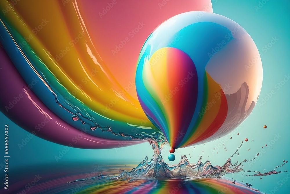 a multicolored balloon floating in the water with a splash of water on ...