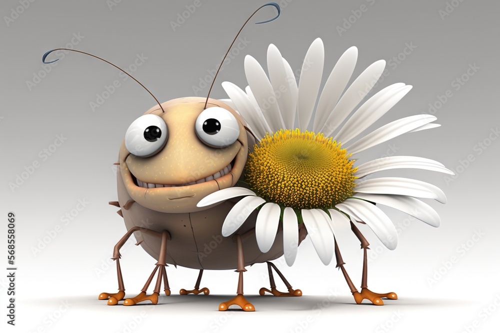a bug holding a flower with its eyes wide open and a big smile on its ...