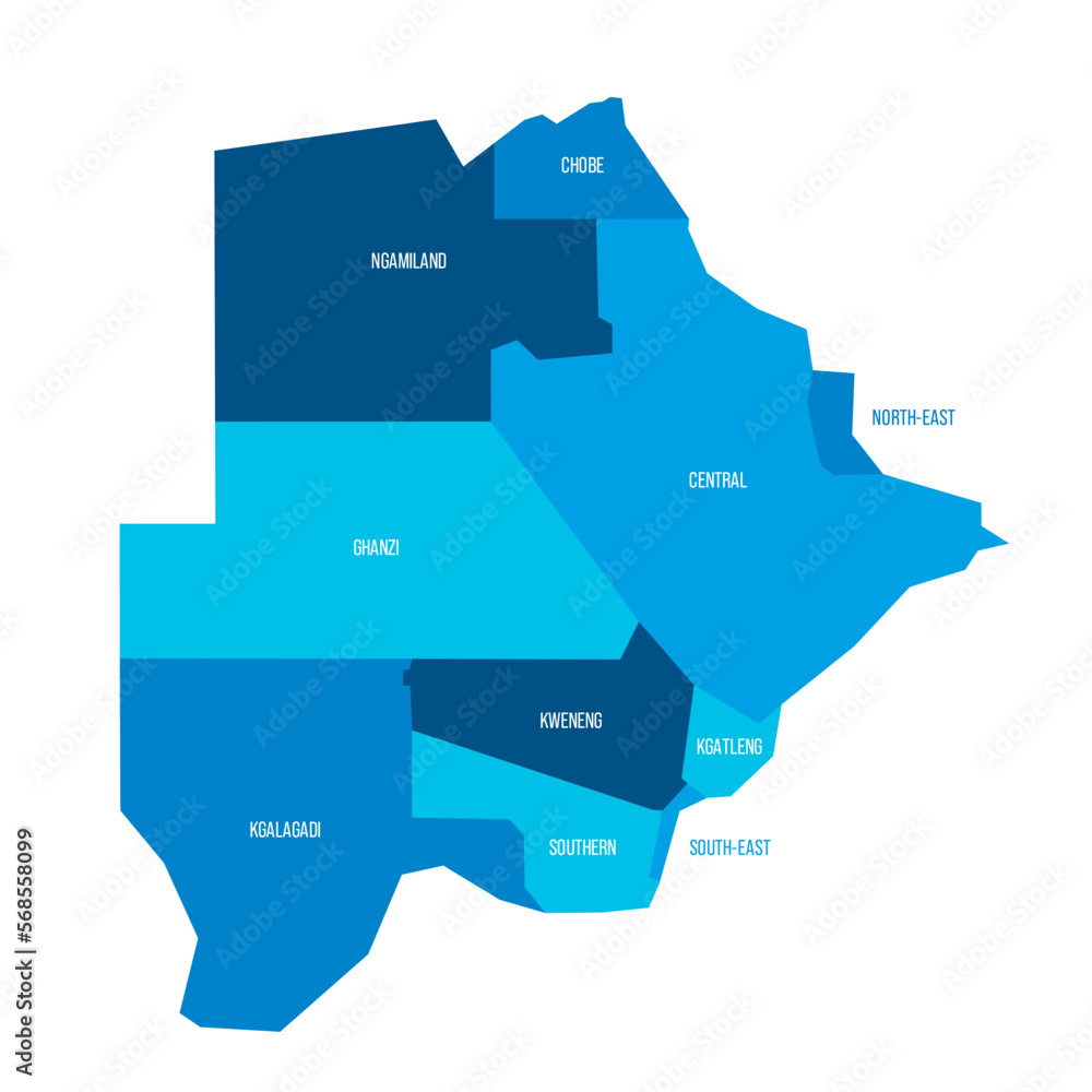 Botswana political map of administrative divisions - rural and urban ...