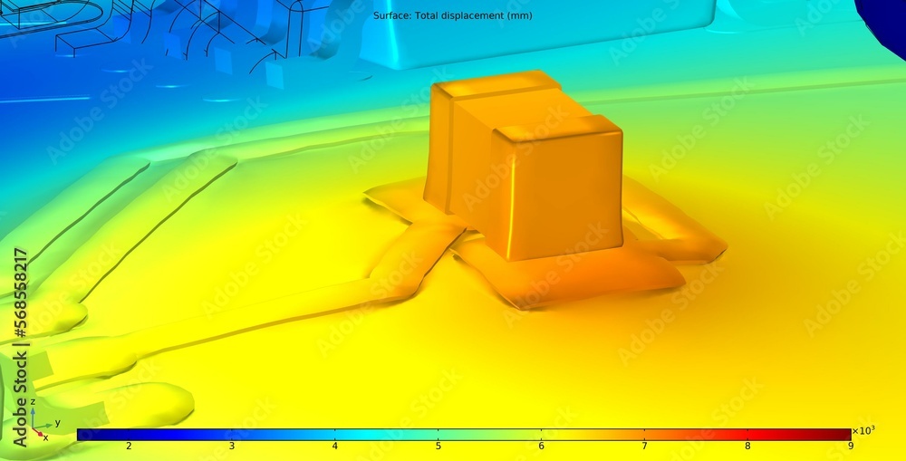 3d illustration. Deformation of the PCB conductors and displacement of ...
