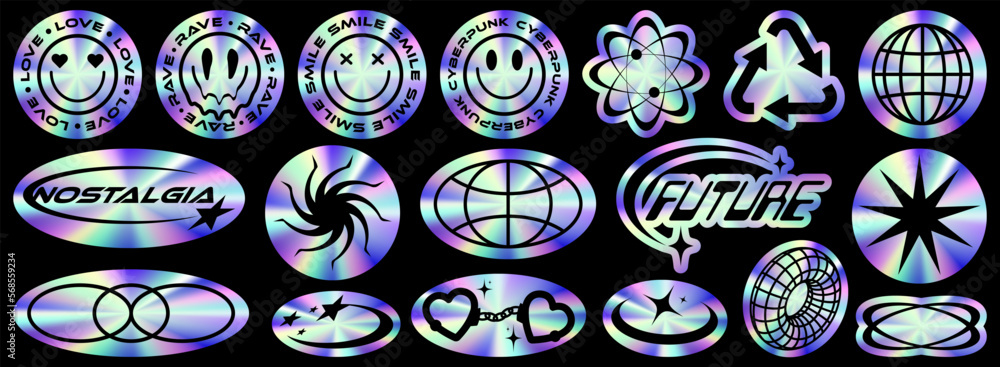 Holographic sticker set in a trendy retro y2k style. Vector Graphic ...