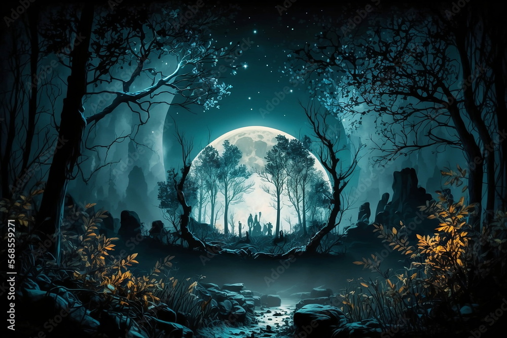 forest at night with the bright moon and trees in an enchanting ...