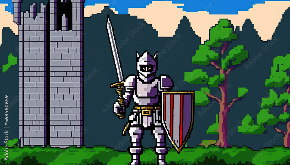 Adventure game screen, Retro computer games level. Pixel art video game ...