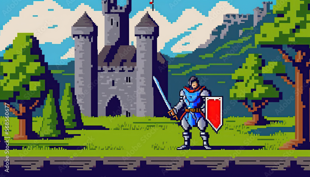 Adventure game screen, Retro computer games level. Pixel art video game ...