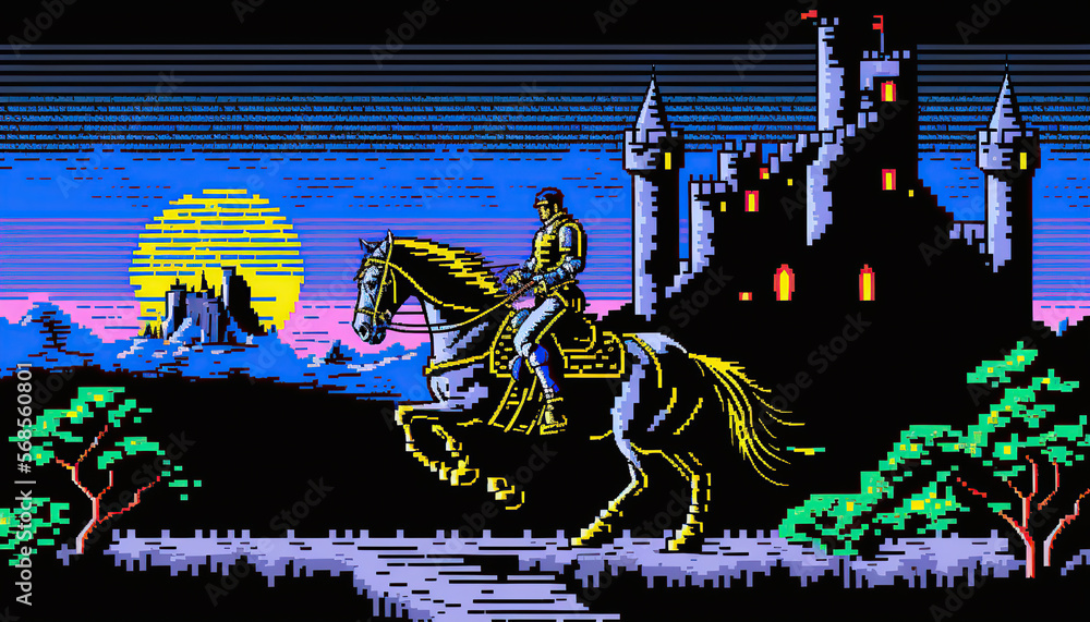 Adventure game screen, Retro computer games level. Pixel art video game ...