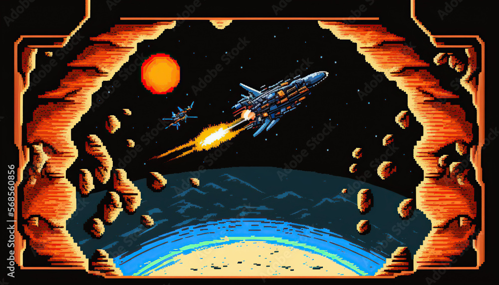 A space ship on an racetrack, Retro computer games level. Pixel art ...