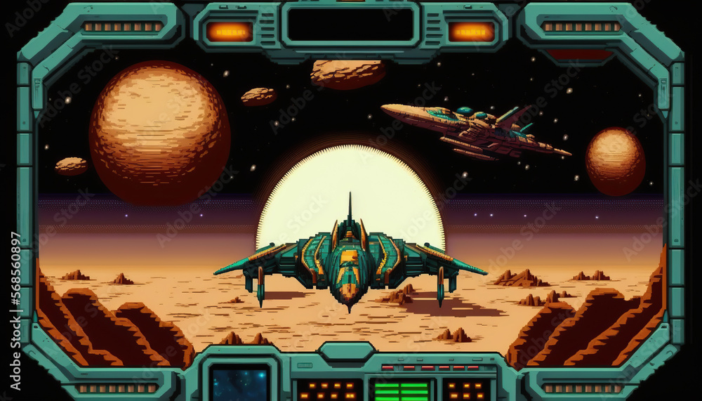 A space ship on an racetrack, Retro computer games level. Pixel art ...