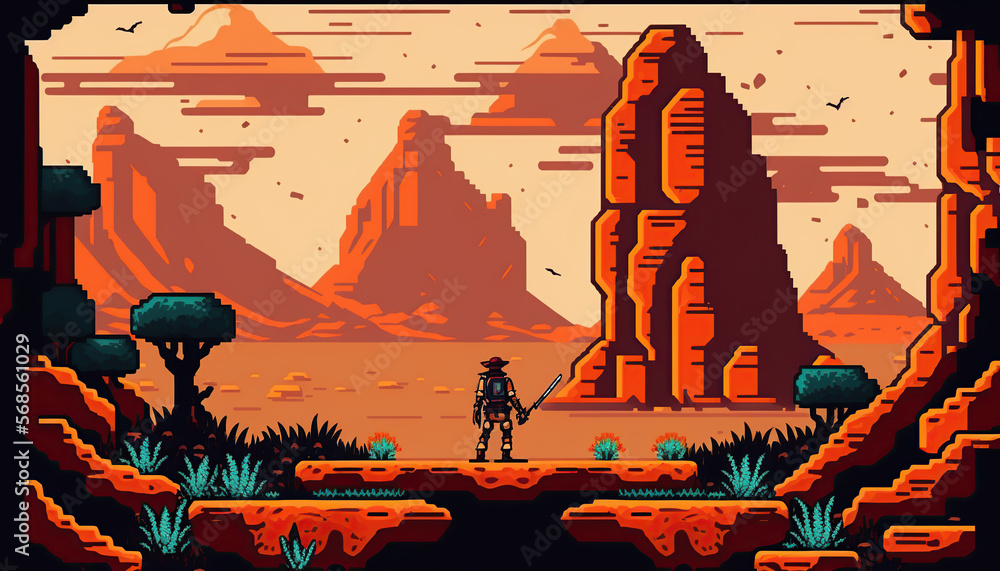 Adventure game screen, Retro computer games level. Pixel art video game ...