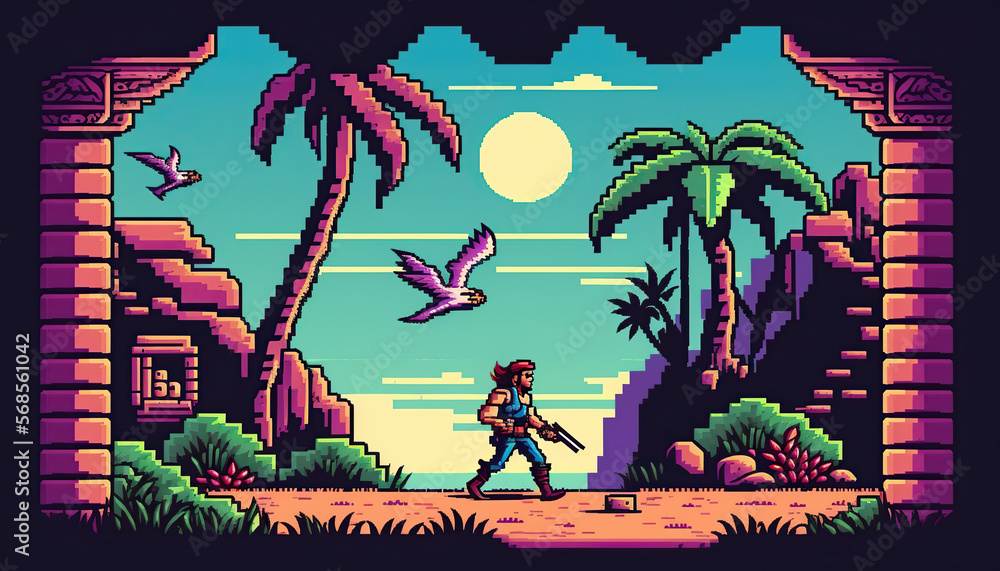 Adventure game screen, Retro computer games level. Pixel art video game ...