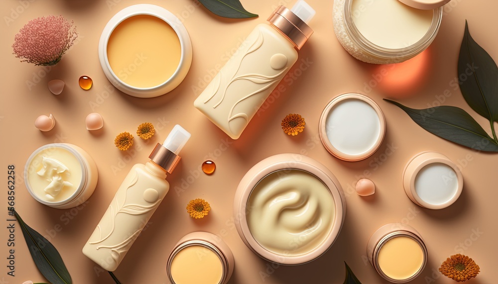 a collection of different types of creams and lip bales on a pink ...