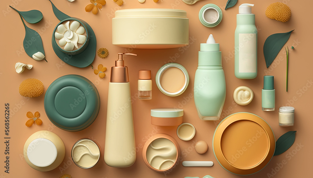 a variety of cosmetics and skin care products on a brown background ...