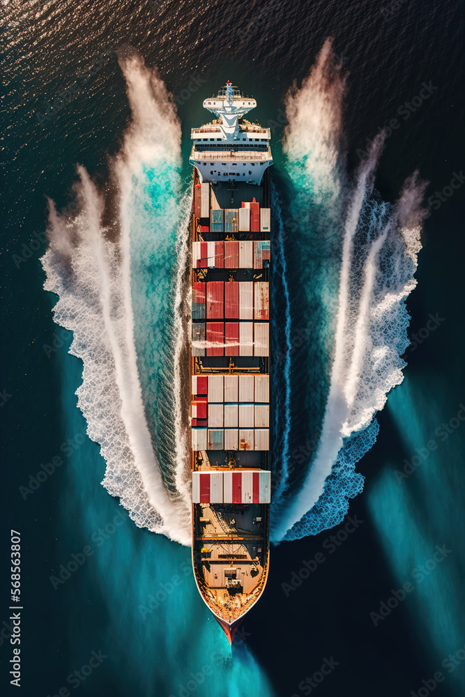 Aerial top view of cargo maritime ship with contrail in the ocean ship ...