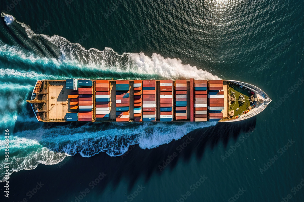 Aerial top view of cargo maritime ship with contrail in the ocean ship ...