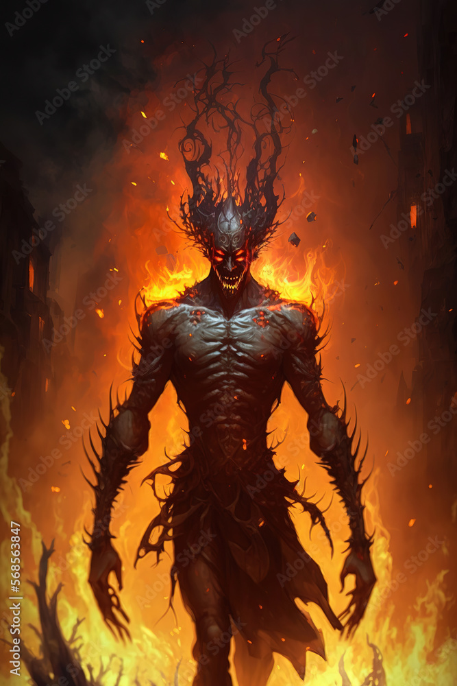 Demon escaping from the tongues of hellfire, epic fantasy character ...