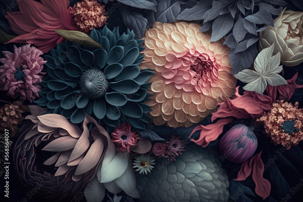 a painting of a bunch of flowers on a black background with leaves and flowers in the middle of ...